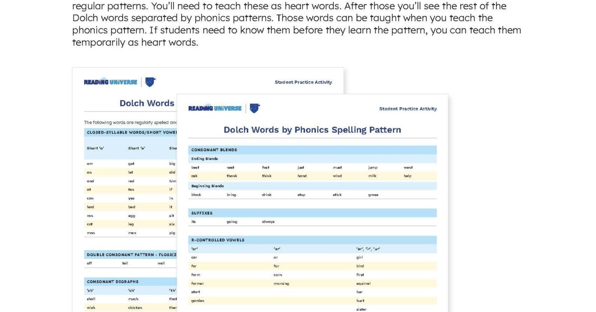 Reading Universe | Dolch Word List by Phonics Spelling Pattern