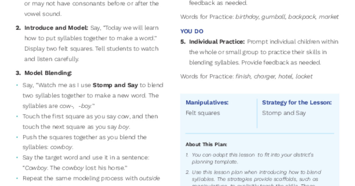 Reading Universe | Blending Syllables to Make a Word Lesson Plan