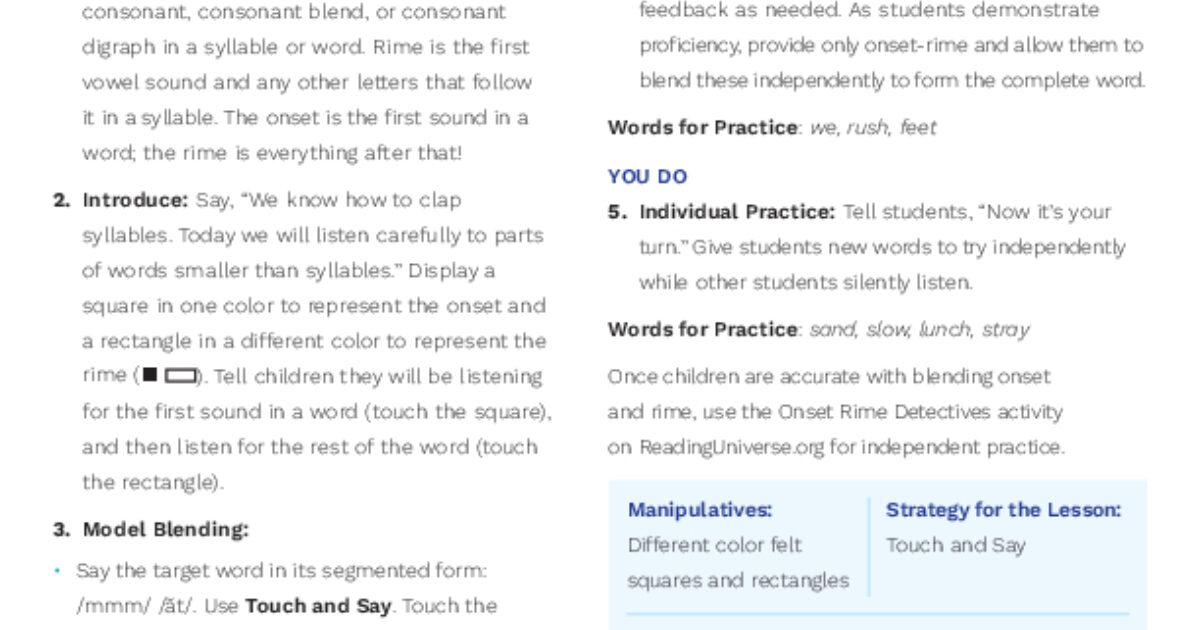 Reading Universe Blending And Segmenting Onset Rime Lesson Plan