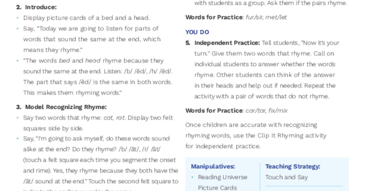 Reading Universe | Rhyming Recognition Lesson Plan