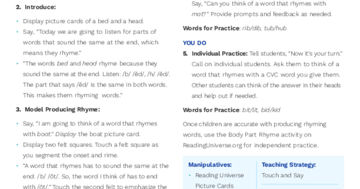 Reading Universe | Rhyming Production Lesson Plan