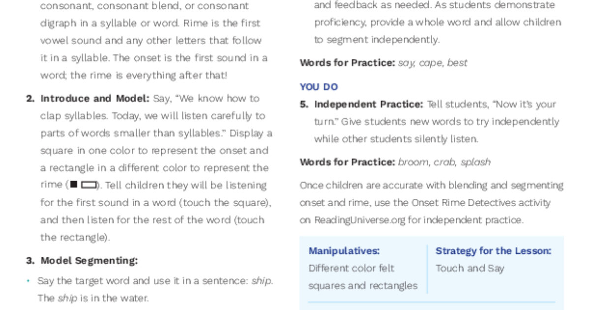 Reading Universe | Segmenting Onset and Rime Lesson Plan
