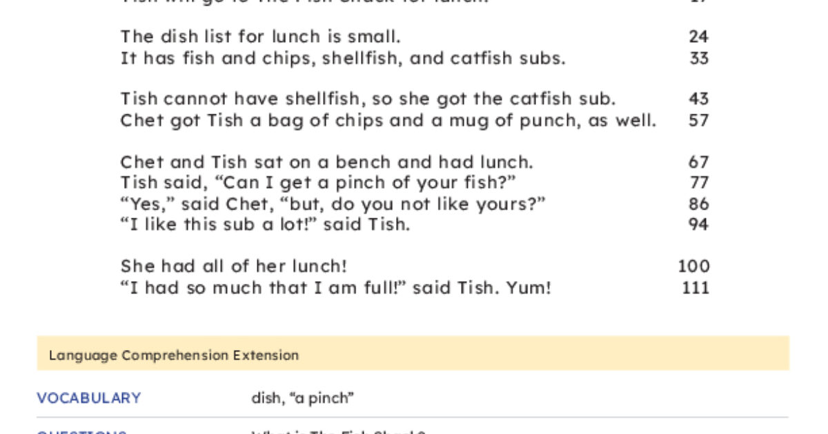 Reading Universe | Decodable — Lunch at the Fish Shack