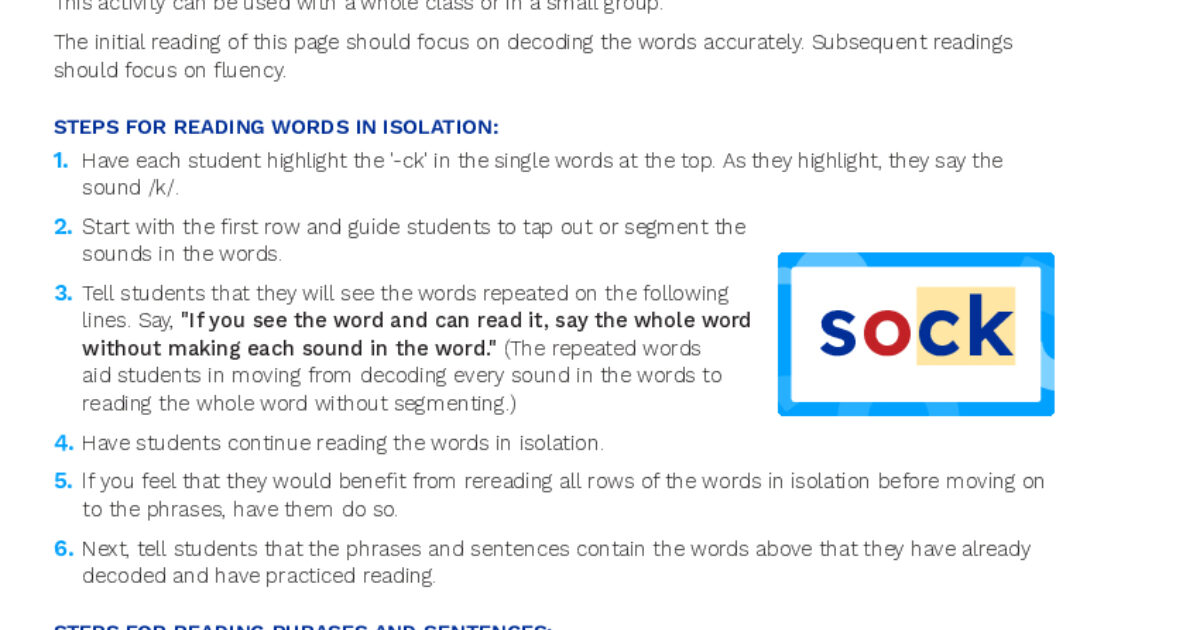 Reading Universe | ‘-ck' Read Sheet with Words, Phrases, and Sentences