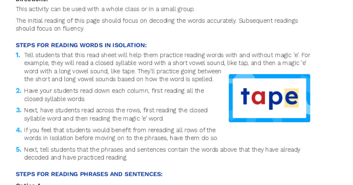 Reading Universe | Closed Syllables and Magic ‘e’: Student Read Sheet…