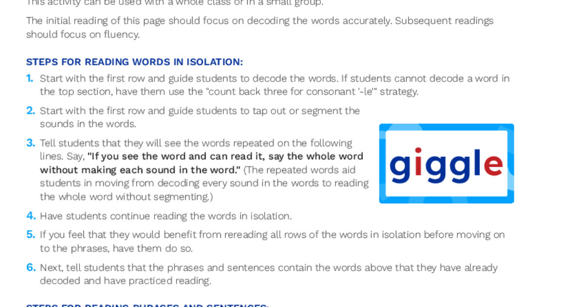 Reading Universe | Consonant ‘-le’: Student Read Sheet with Words,…