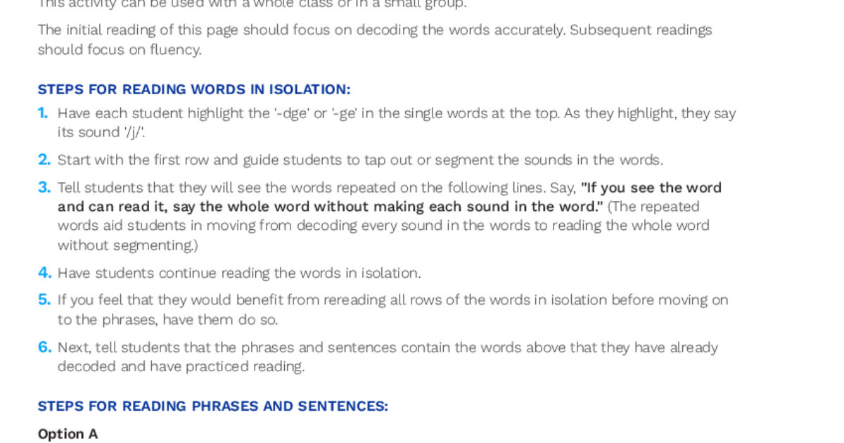 Reading Universe | ‘-dge’ and ‘ge’ Read Sheet with Words, Phrases and…