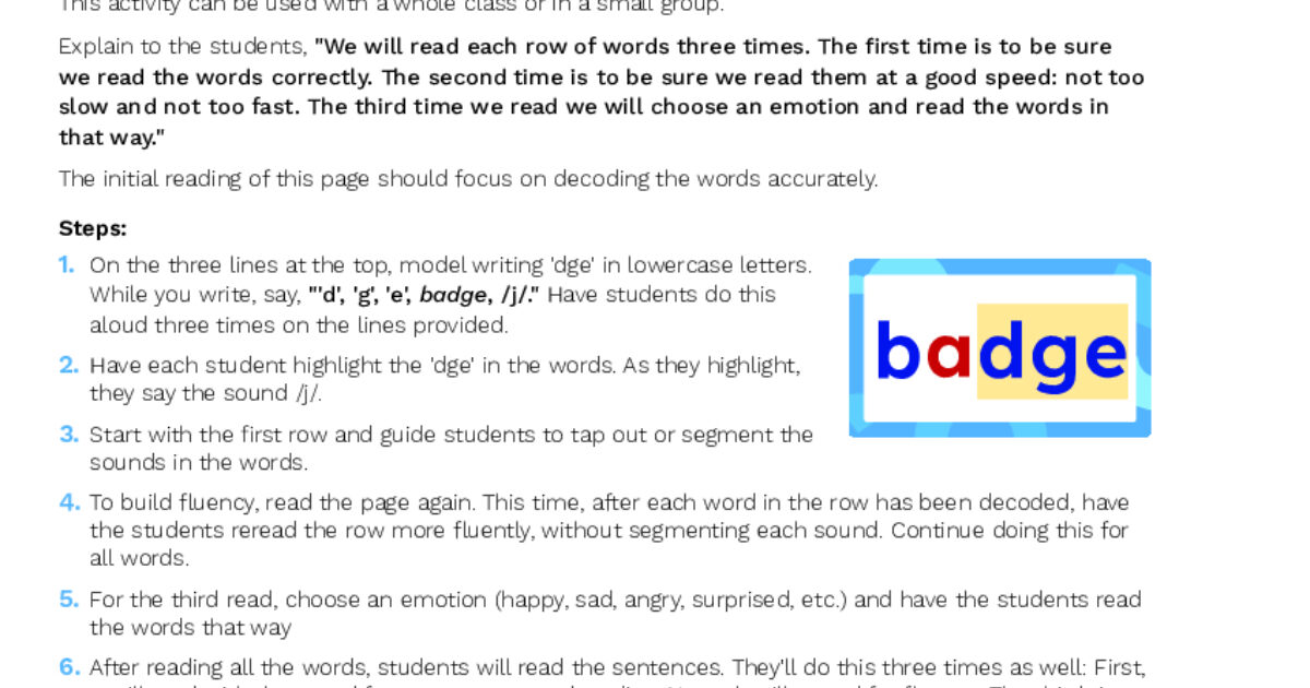 Reading Universe | ‘-dge’ Read Sheet with Words