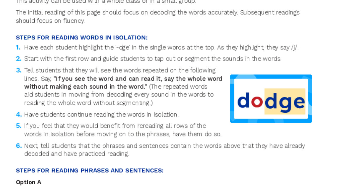 Reading Universe | ‘-dge’ Read Sheet with Words, Phrases, and…