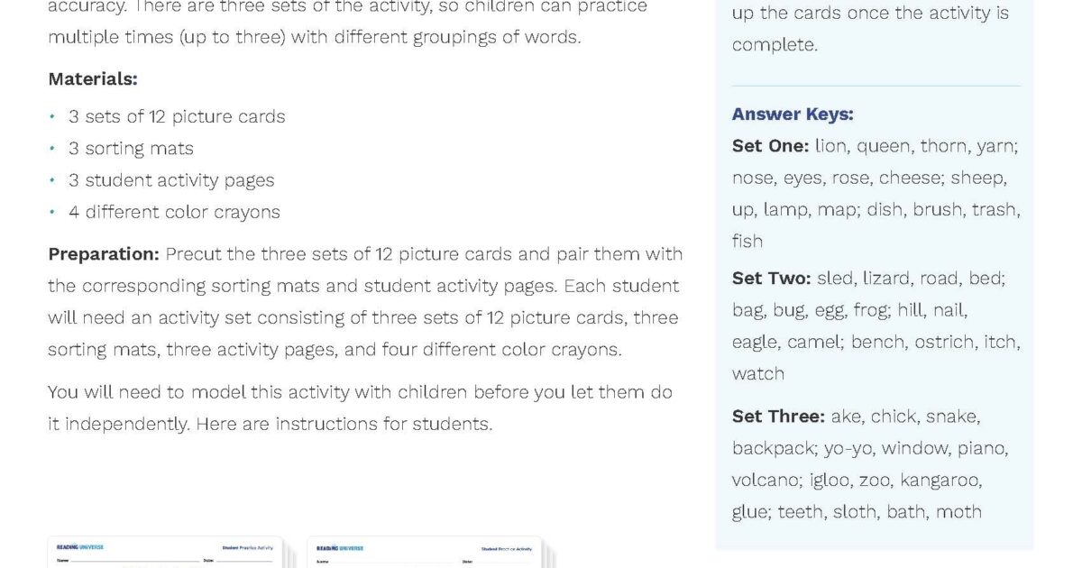 Reading Universe | Student Practice Activity: A Picture Sort for…