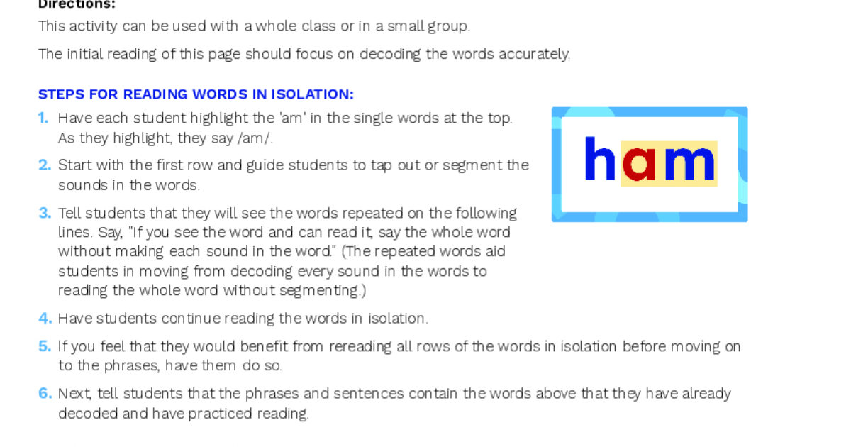 Reading Universe | Glued Sound -am Student Read Sheet with Words,…