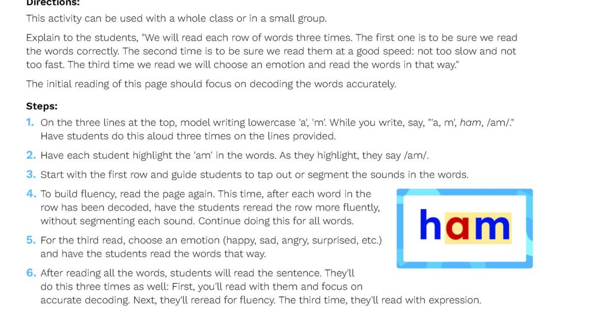 Reading Universe | Glued Sound -am Student Read Sheet with Words