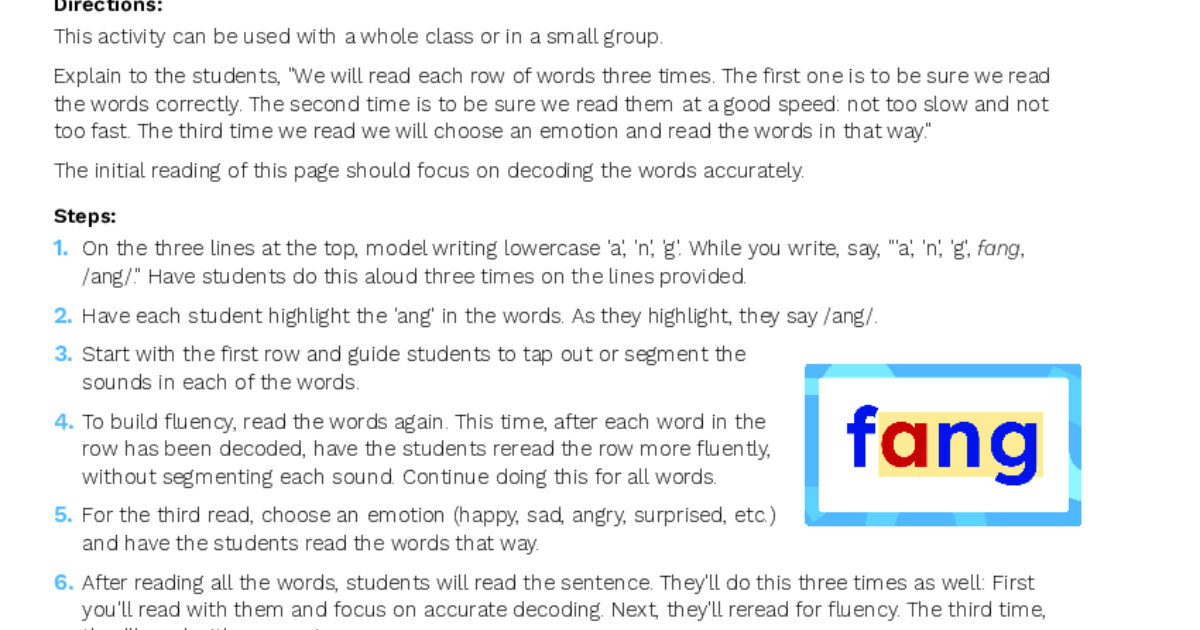 Reading Universe | Glued Sound -ang Student Read Sheet with Words
