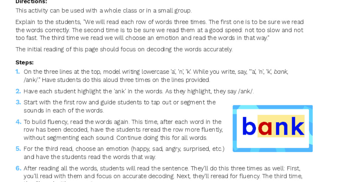 Reading Universe | Glued Sound -ank Student Read Sheet with Words