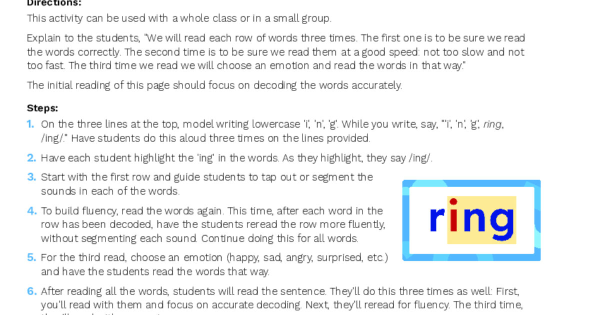 Reading Universe | Glued Sound -ing Student Read Sheet with Words