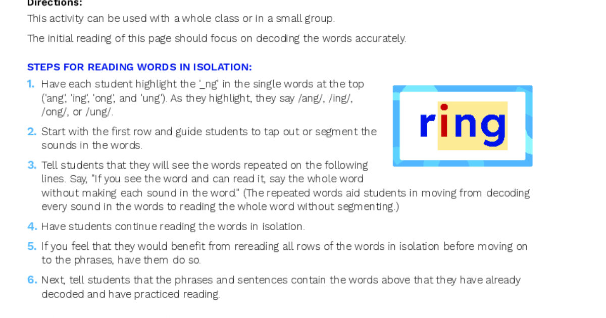 Reading Universe | Glued Sound -ng Student Read Sheet with Words,…