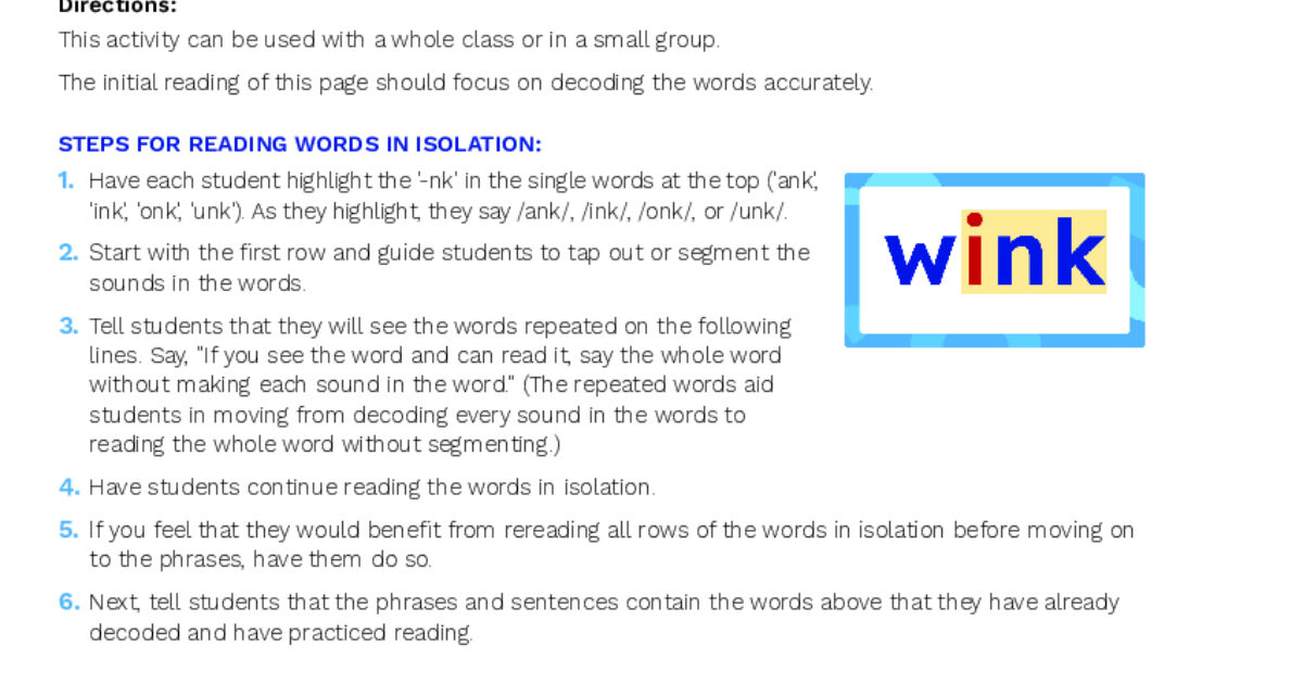Reading Universe | Glued Sound -nk Student Read Sheet with Words,…