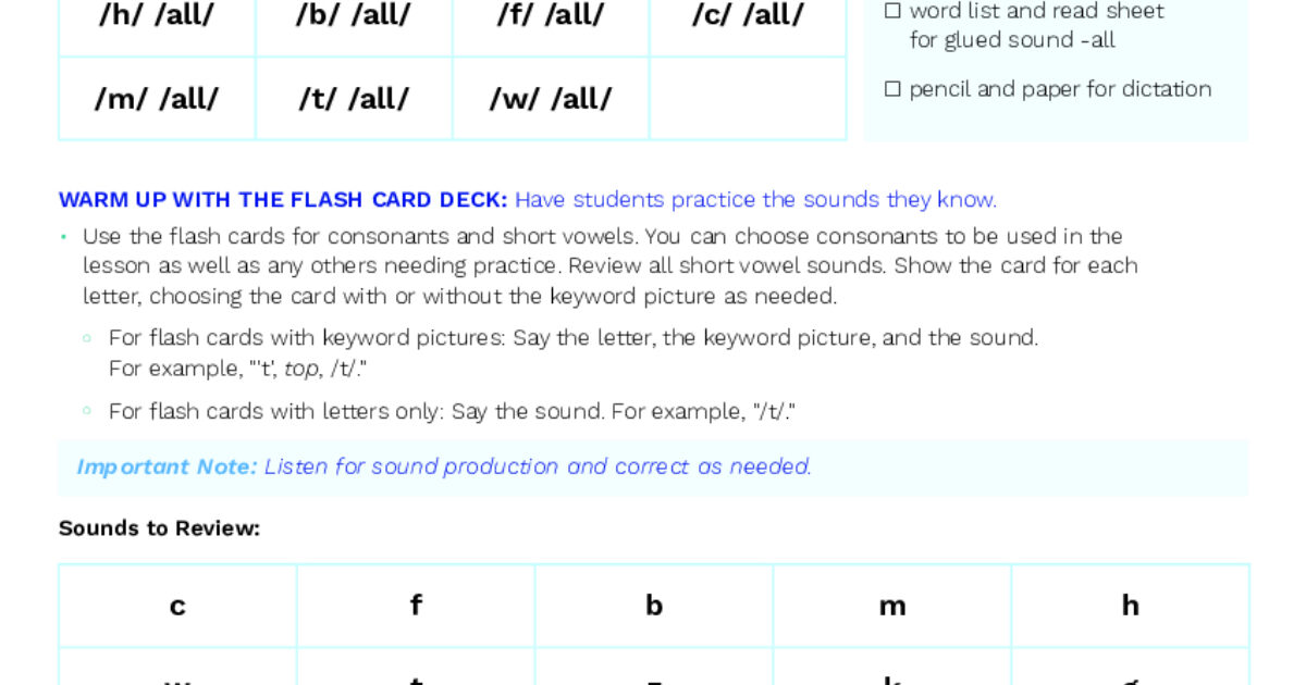Reading Universe | Lesson Plan for Glued Sound -all