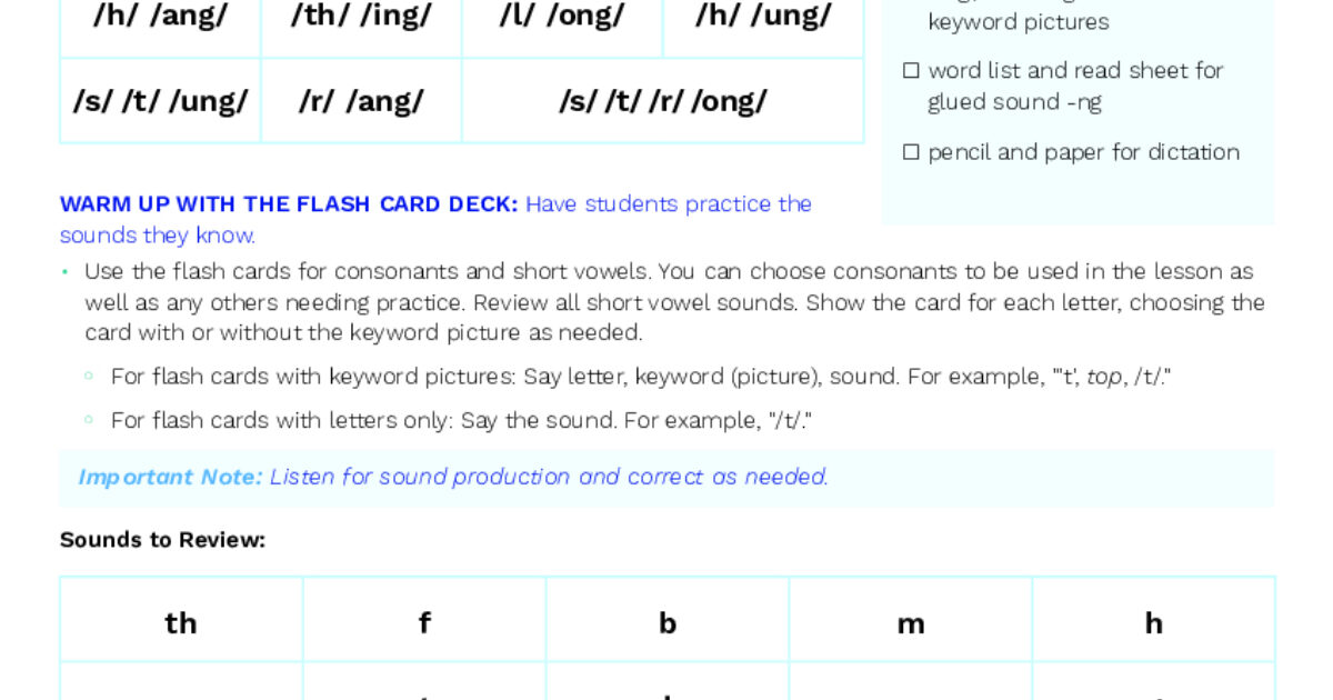 Reading Universe | Lesson Plan for Glued Sounds with -ng