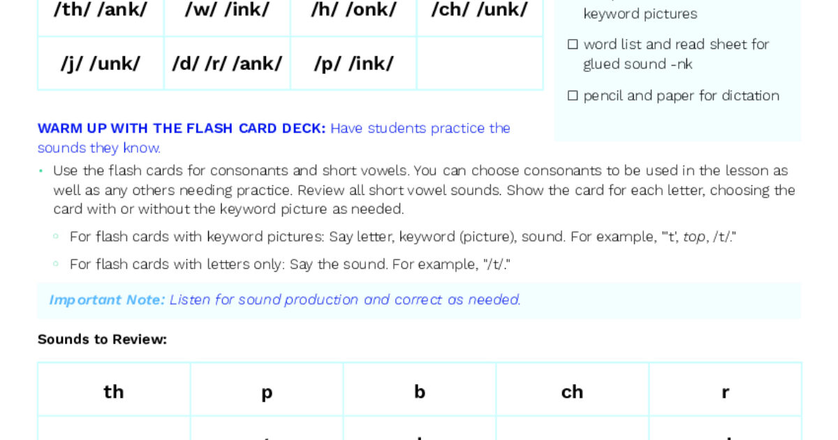 Reading Universe | Lesson Plan for Glued Sounds with -nk