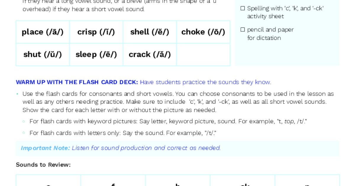 Reading Universe | Lesson Plan for 'c' vs. 'k' vs. '-ck'