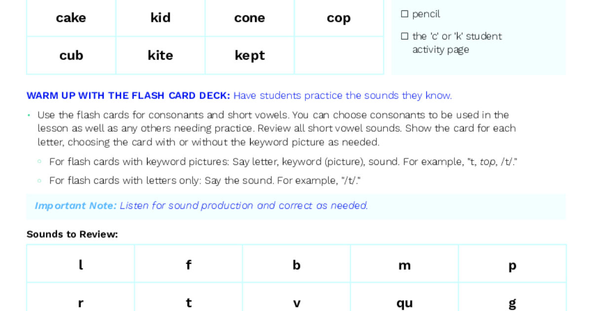 Reading Universe | Lesson Plan for 'c' vs. 'k' with Short Vowels