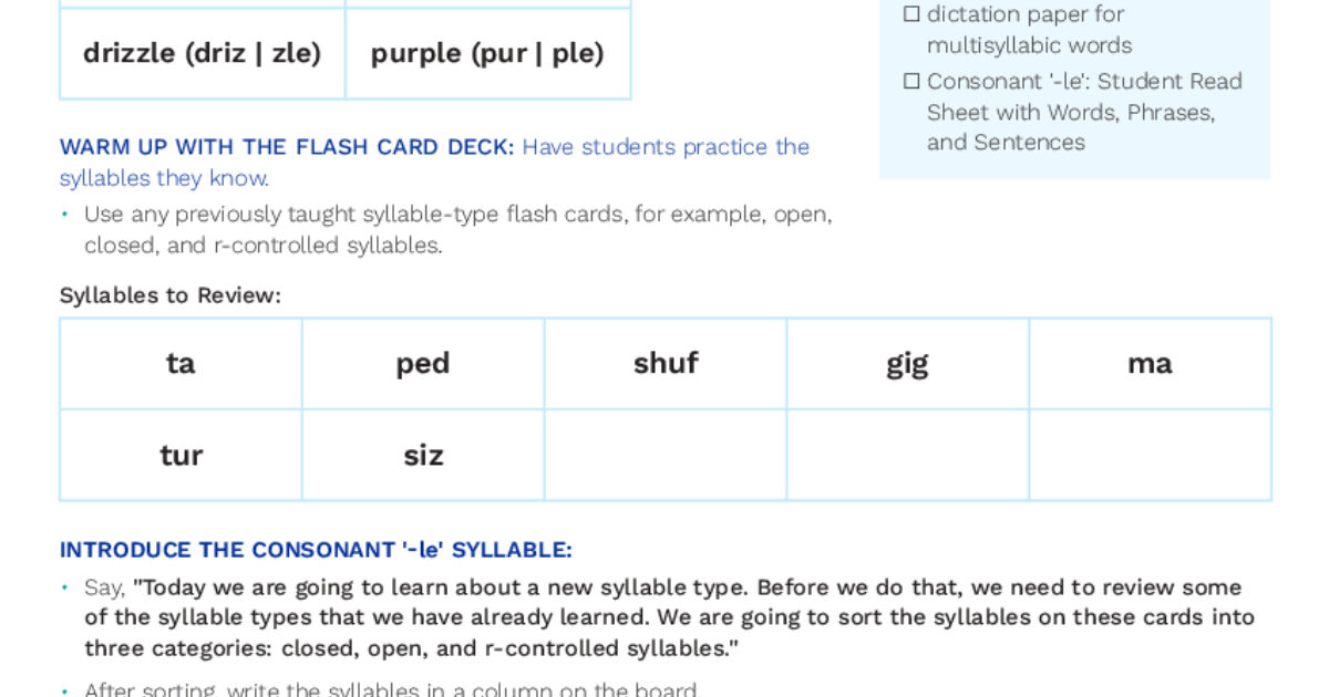 Reading Universe | Lesson Plan for Consonant '-le'