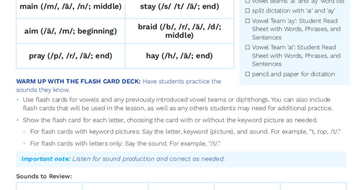 Reading Universe | Lesson Plan for Vowel Teams 'ai' and 'ay'