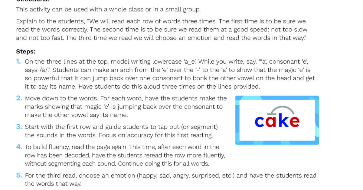 Reading Universe | Magic 'e' Read Sheet with Words for ‘a_e'