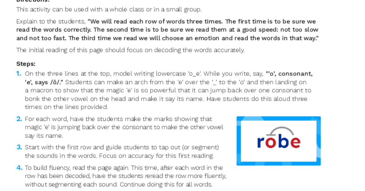 Reading Universe | Magic ‘e’ Read Sheet with Words for ‘o_e'
