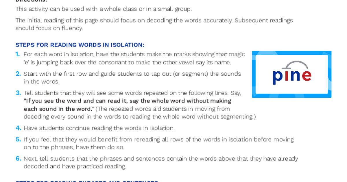 Reading Universe | Magic ‘e’ Read Sheet with Words, Phrases, and…