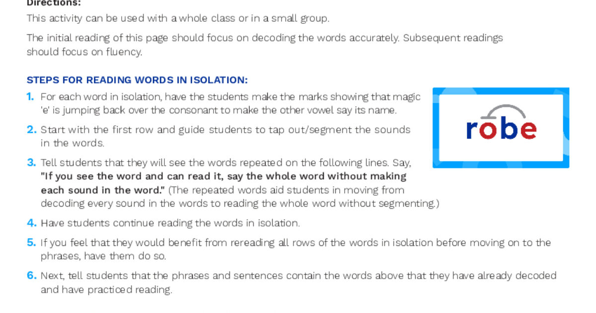 Reading Universe | Magic 'e': Read Sheet with Words, Phrases