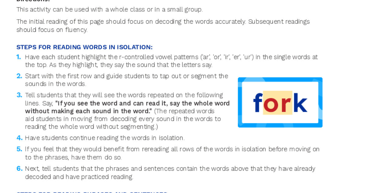 Reading Universe | Mixed R-Controlled Vowels: Read Sheet with Words,…