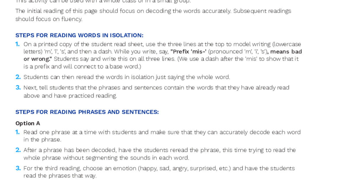Reading Universe | Prefix ‘mis-’ Student Read Sheet with Words,…