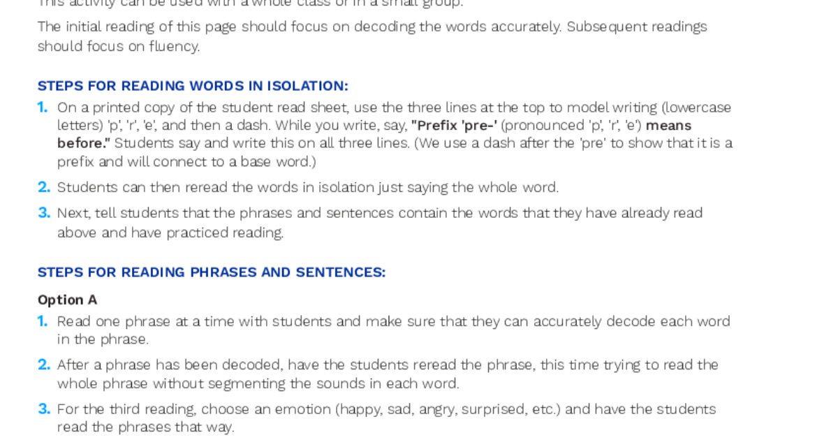 Reading Universe | Prefix ‘pre-’ Student Read Sheet with Words,…