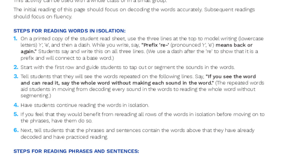 Reading Universe | Prefix ‘re-’: Student Read Sheet with Words,…