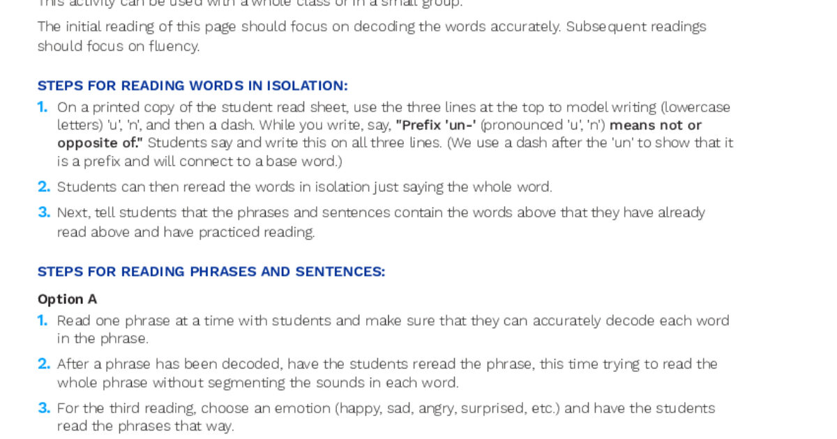 Reading Universe | Prefix 'un-': Student Read Sheet with Words,…