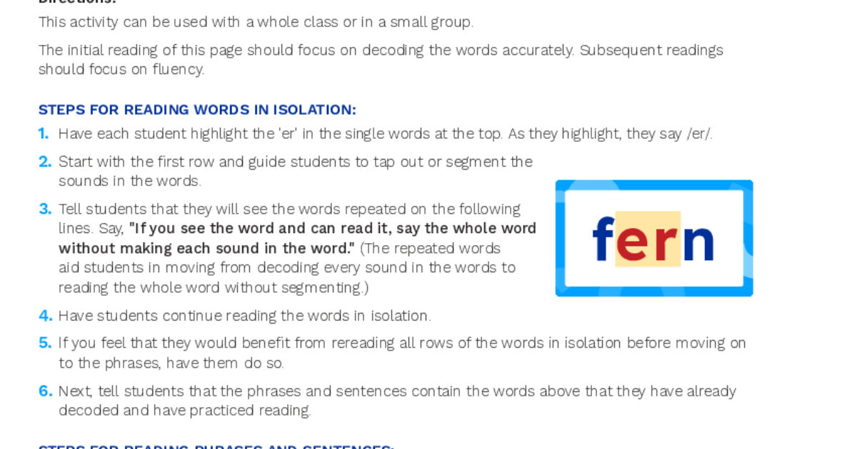 Reading Universe | R-Controlled Vowels: Read Sheet for 'er' with…