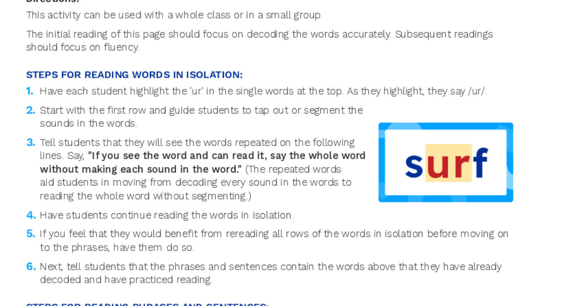 Reading Universe | R-Controlled Vowels: Read Sheet for 'ur' with…