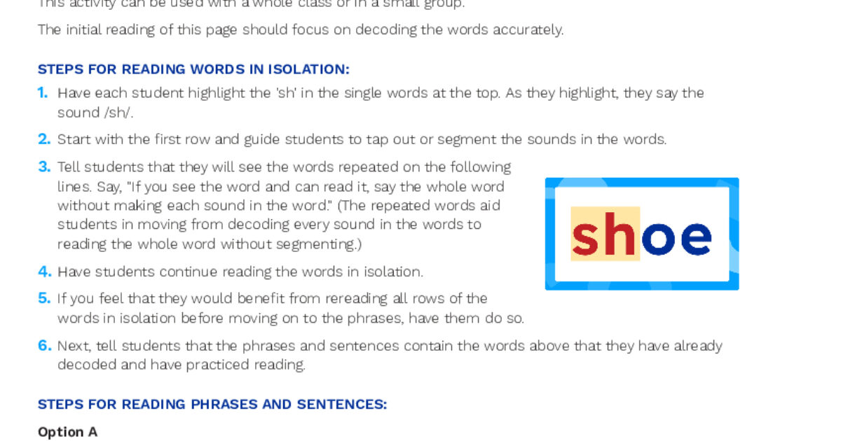 Reading Universe | Digraph ‘sh’ Student Read Sheet with Words,…