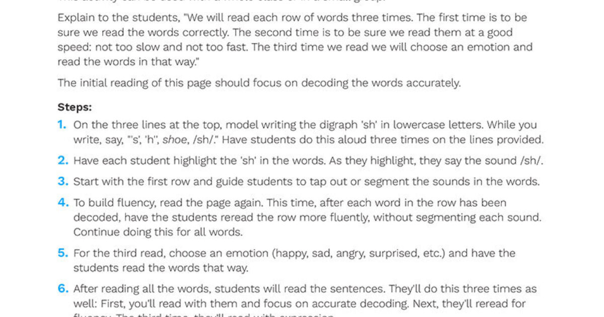 Reading Universe | Digraph ‘sh’ Student Read Sheet with Words