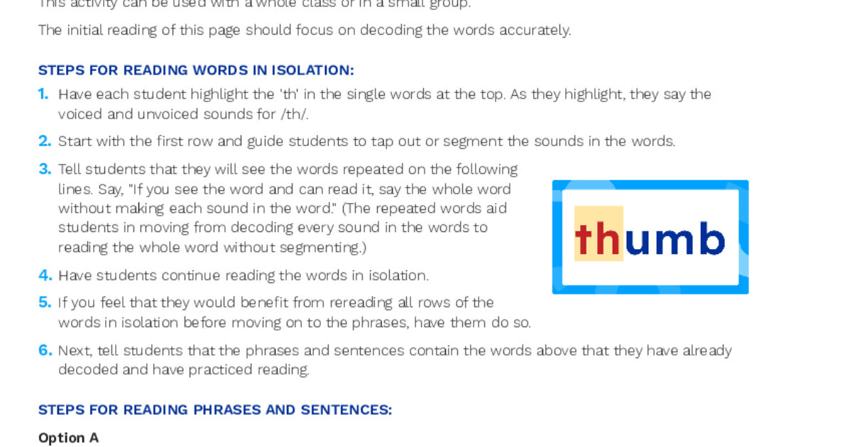 Reading Universe | Digraph ‘th’ Read Sheet with Words, Phrases, and…