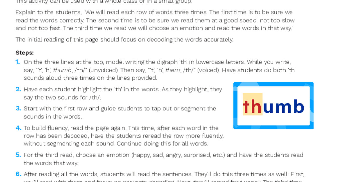 Reading Universe | Digraph ‘th’ Student Read Sheet with Words