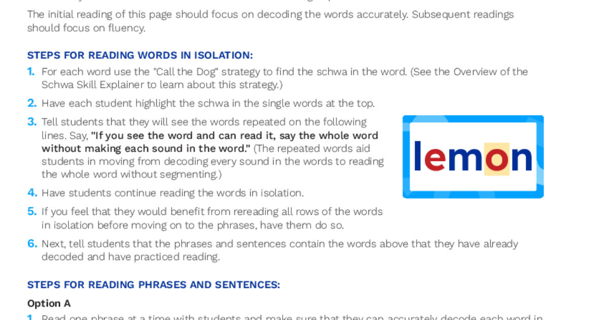 Reading Universe | Schwa: Student Read Sheet with Words, Phrases, and…