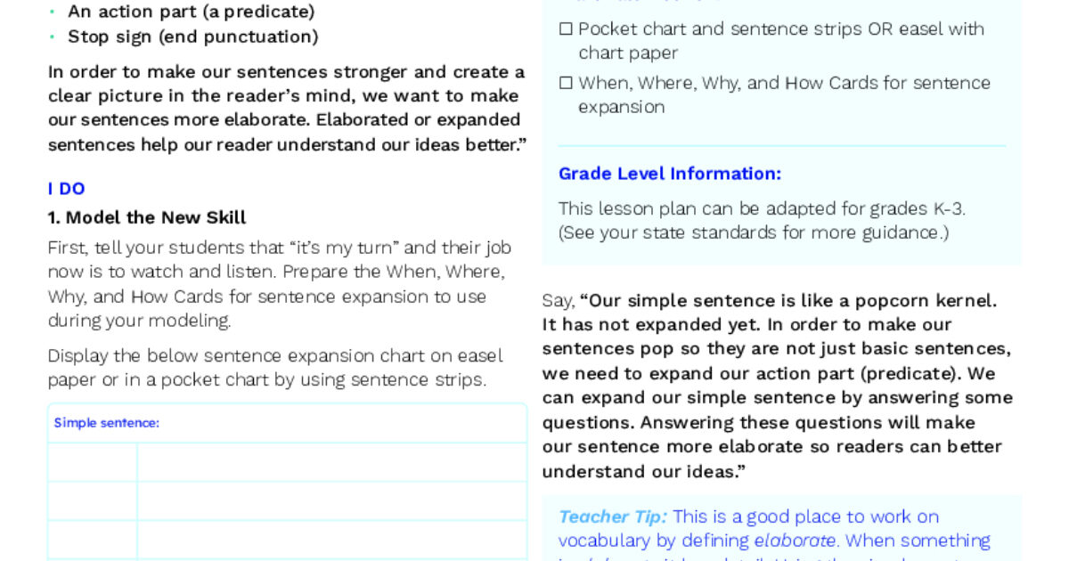 Reading Universe | Lesson Plan for Sentence Expansion