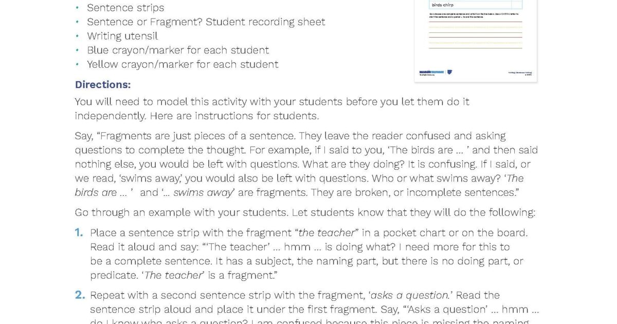 Reading Universe | Sentence or Fragment? Student Writing Activity