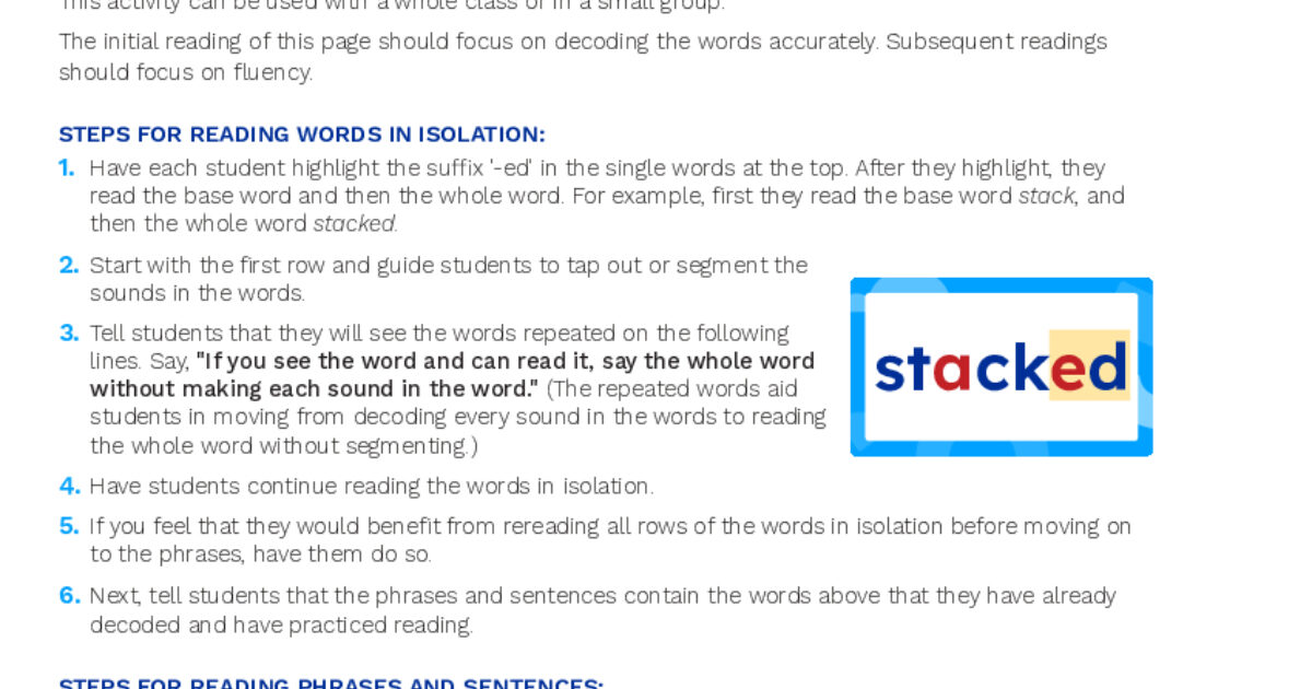 Reading Universe | Suffix '-ed': Student Read Sheet with Words,…