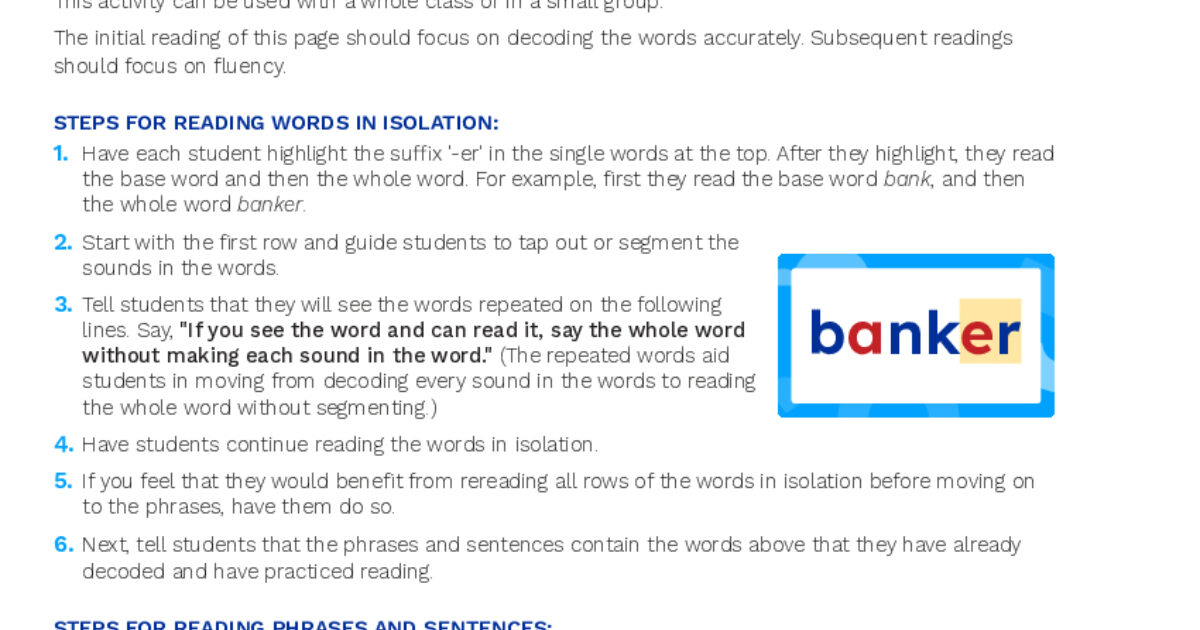 Reading Universe | Suffix ‘-er’: Student Read Sheet with Words,…