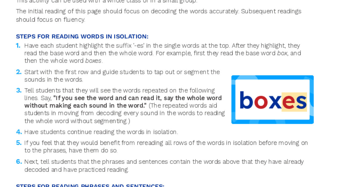 Reading Universe | Suffix '-es' Student Read Sheet with Words,…