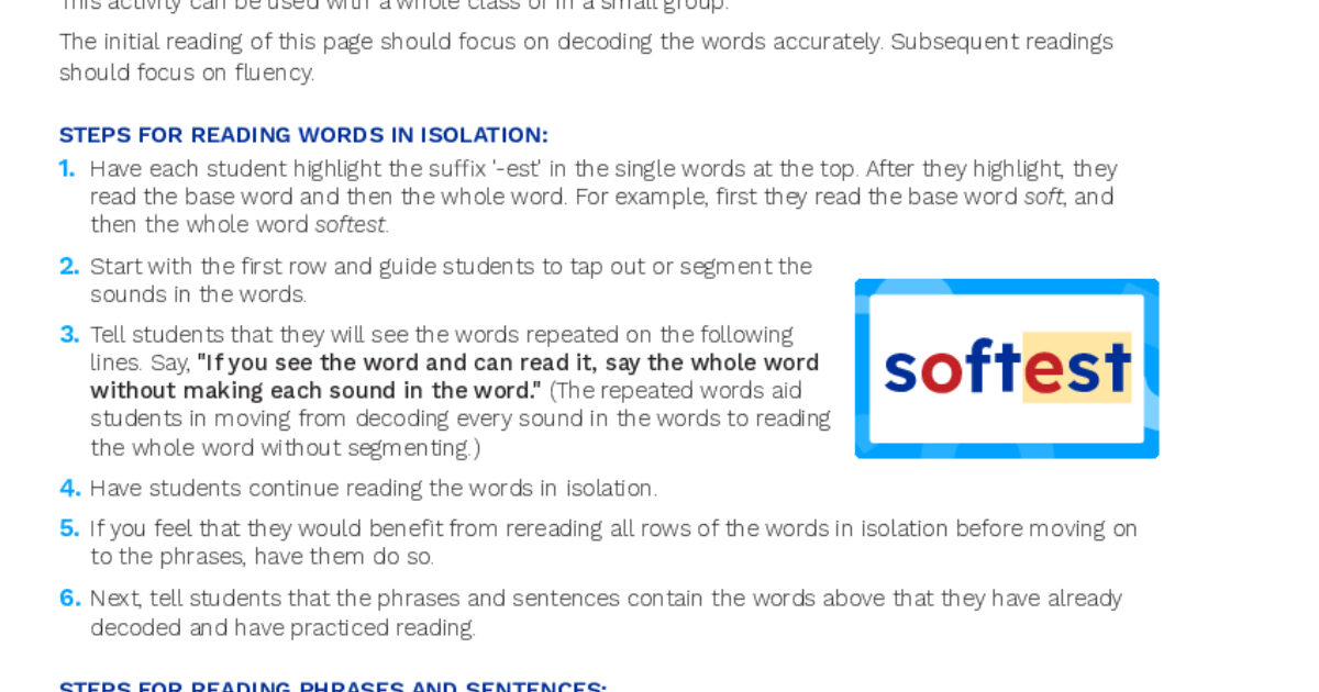 Reading Universe | Suffix '-est' Student Read Sheet with Words,…